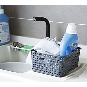 ZHENFAN Grey Plastic Woven Storage Basket, 6-Pack Weave Gray Basket Organizer for Kitchen Office Bathroom