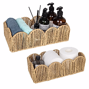 Sunlit Natural Fibre Farmhouse Storage Baskets, Hand Woven Bathroom Storage Boxes, Boho Toilet Paper Tank Basket, Decorative Storage Bins for Countertop, Bathroom Organizer Set of 2, Wavy, Natural