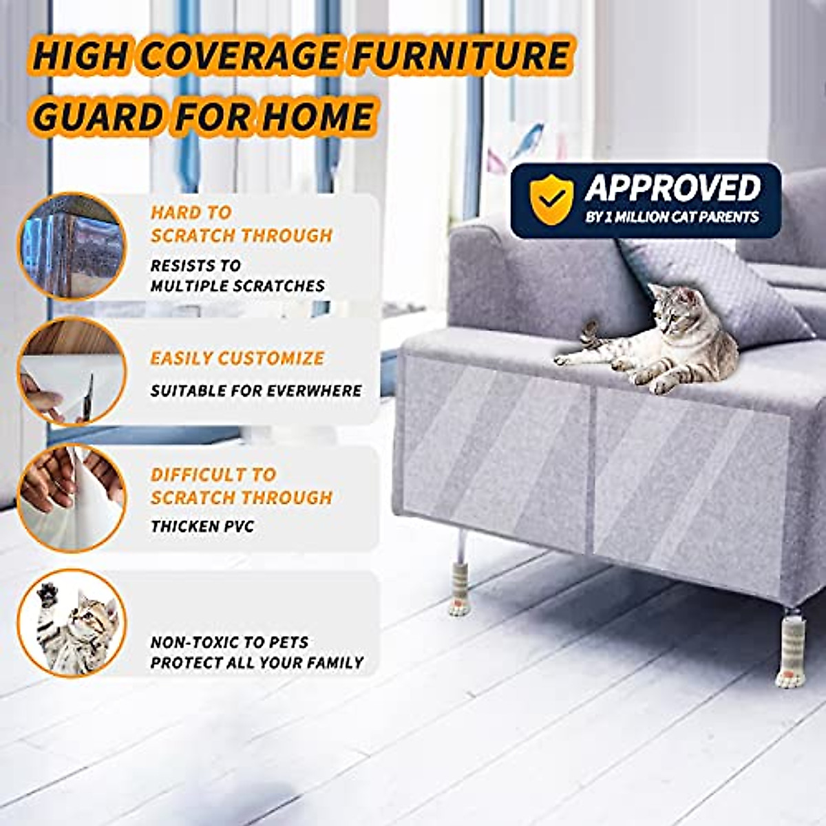Anti Scratch Furniture Protectors from Cats - 10 Pack Cat Scratch Deterrent Tape Self Adhesive, Clear Plastic Cat Couch Protector for Sofa, Door (6 pcs 17" L 12" W + 4 pcs 17" L 6" W + 50 Pins)…