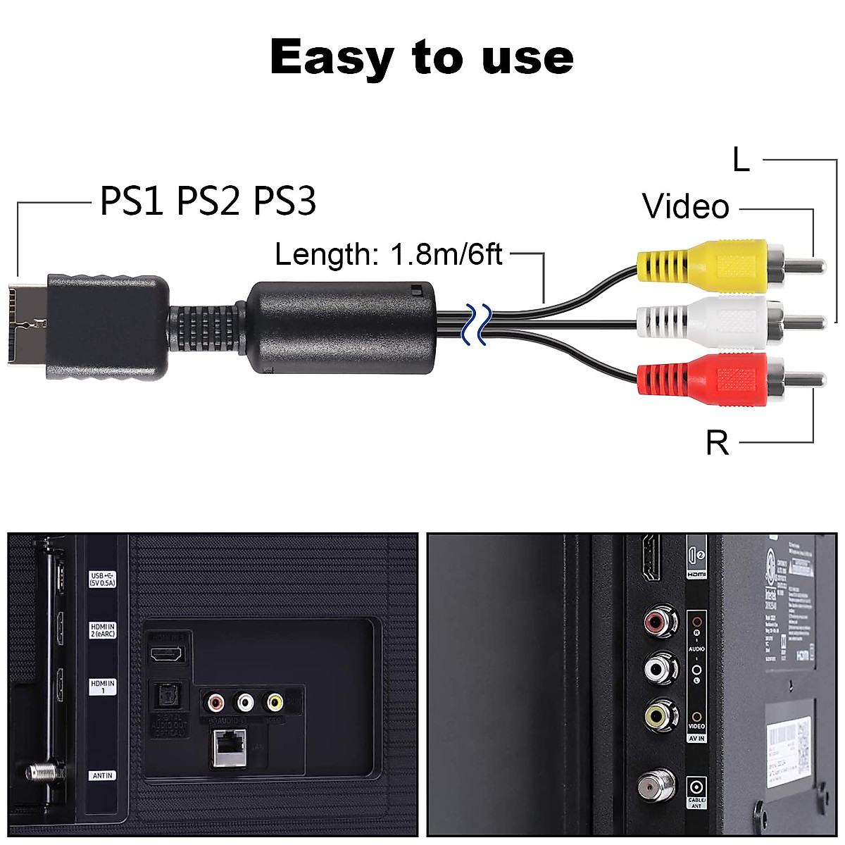 Aokin PS2 PS3 AV Cable, Audio Video AV RCA Cable Cord for PlayStation 1, PlayStation 2, PlayStation 3, PlayStation 3 Slim, 1.8M/6FT