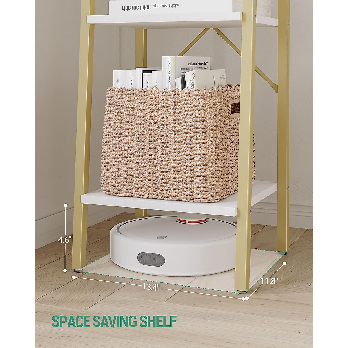 Hzuaneri Ladder Shelf, Bookshelf Bookcase, Freestanding Corner Storage Shelve with 2 Hooks for Home Office, Living Room, Kitchen, Bedroom, Industrial, 5-Tier White Gold BC03213G