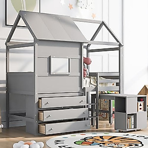 Twin Size House Loft Bed with Storage Desk and 3 Drawer Chest, Wood Loft Bed with Safety Guard Rails, Multi-Functional Loft Bed for Kids Boys Girls Teens Bedroom, Maximize Space Savings (Gray 014)