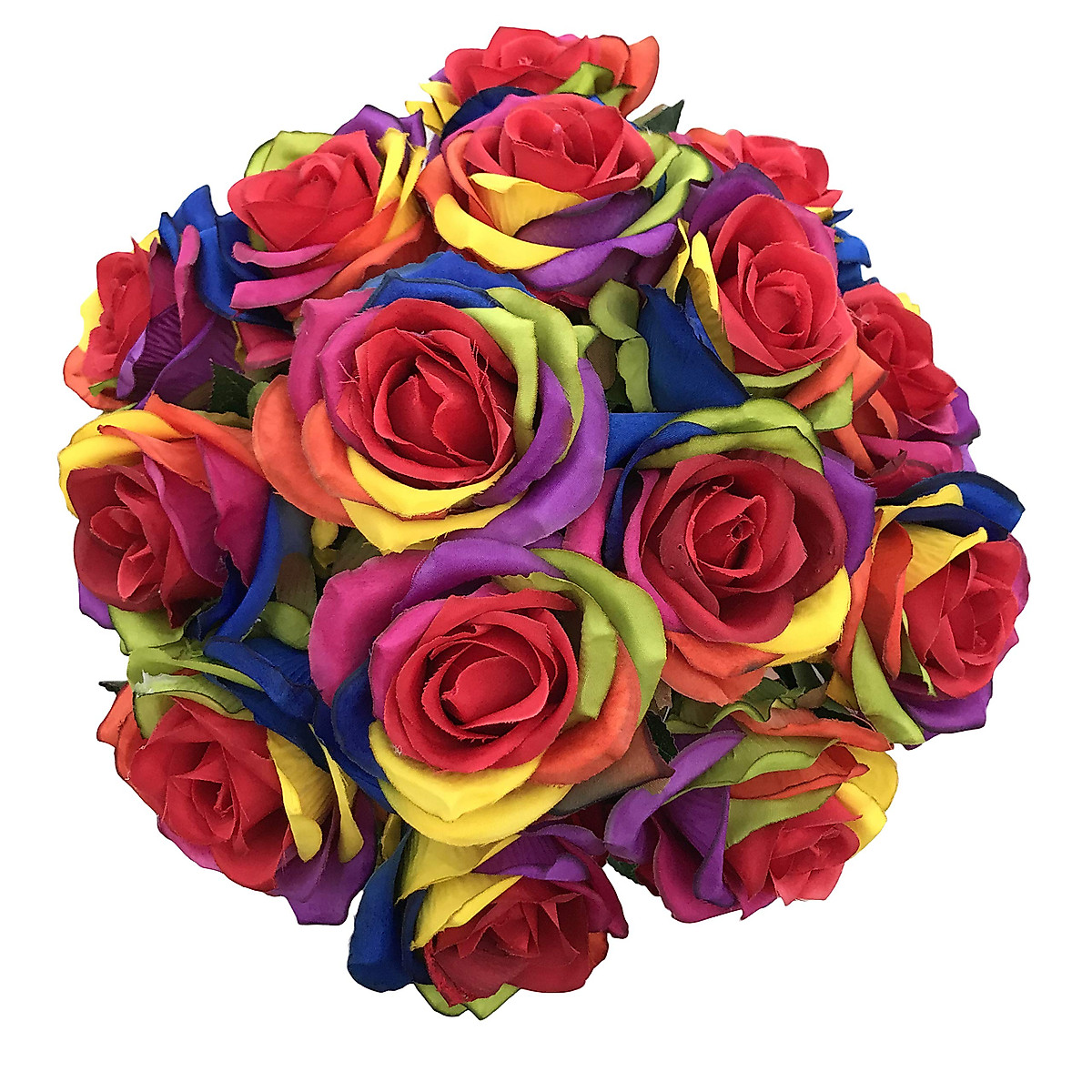 BELLAUSA 15 Pcs Rainbow Roses Silk Artificial Rose Flowers Home Decorations for Wedding Party or Birthday Garden Bridal Bouquet Flower Saint Party Event (Rainbow Rose)