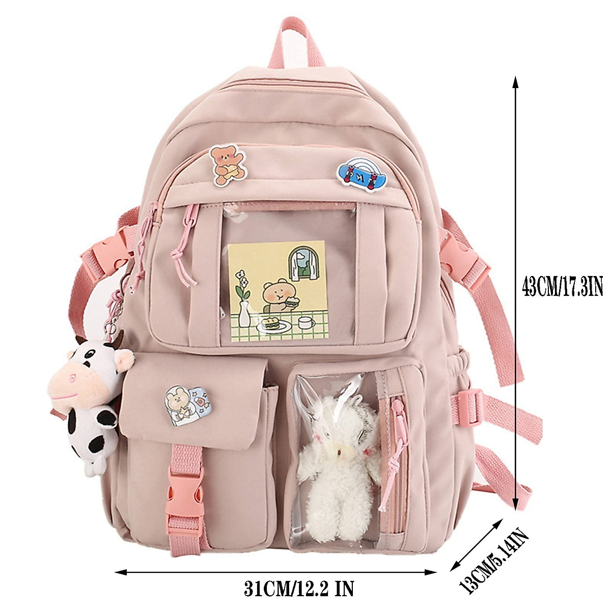 Stylifeo Kawaii Backpack with Cute Cow Plush Pin Accessories Large Capacity Aesthetic School Bags Cute Bookbag for Girls Teen (Beige)