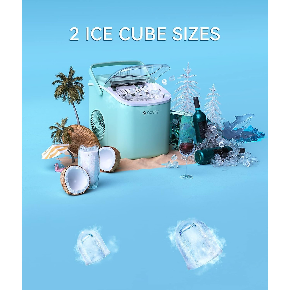 ecozy Portable Ice Maker Countertop, 9 Cubes Ready in 6 Mins, 26 lbs in 24 Hours, Self-Cleaning Machine with Ice Bags/Standing Ice Scoop/Ice Basket for Kitchen Office Bar Party, Aqua