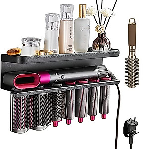 WIOR Storage Holder for Dyson Airwrap Styler Accessories, Wall Mounted Bracket Rack for Curling Iron Attachments, Hair Dryer Organizer Stand with Adhesive and Round Brush for Bathroom Bedroom Salon