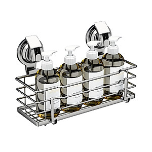 TESOT Suction Cup Shower Caddy, Shower Shelf Soap Dish with Hooks for Razor, Sponge, Rust Proof 304 Stainless Steel, Silver