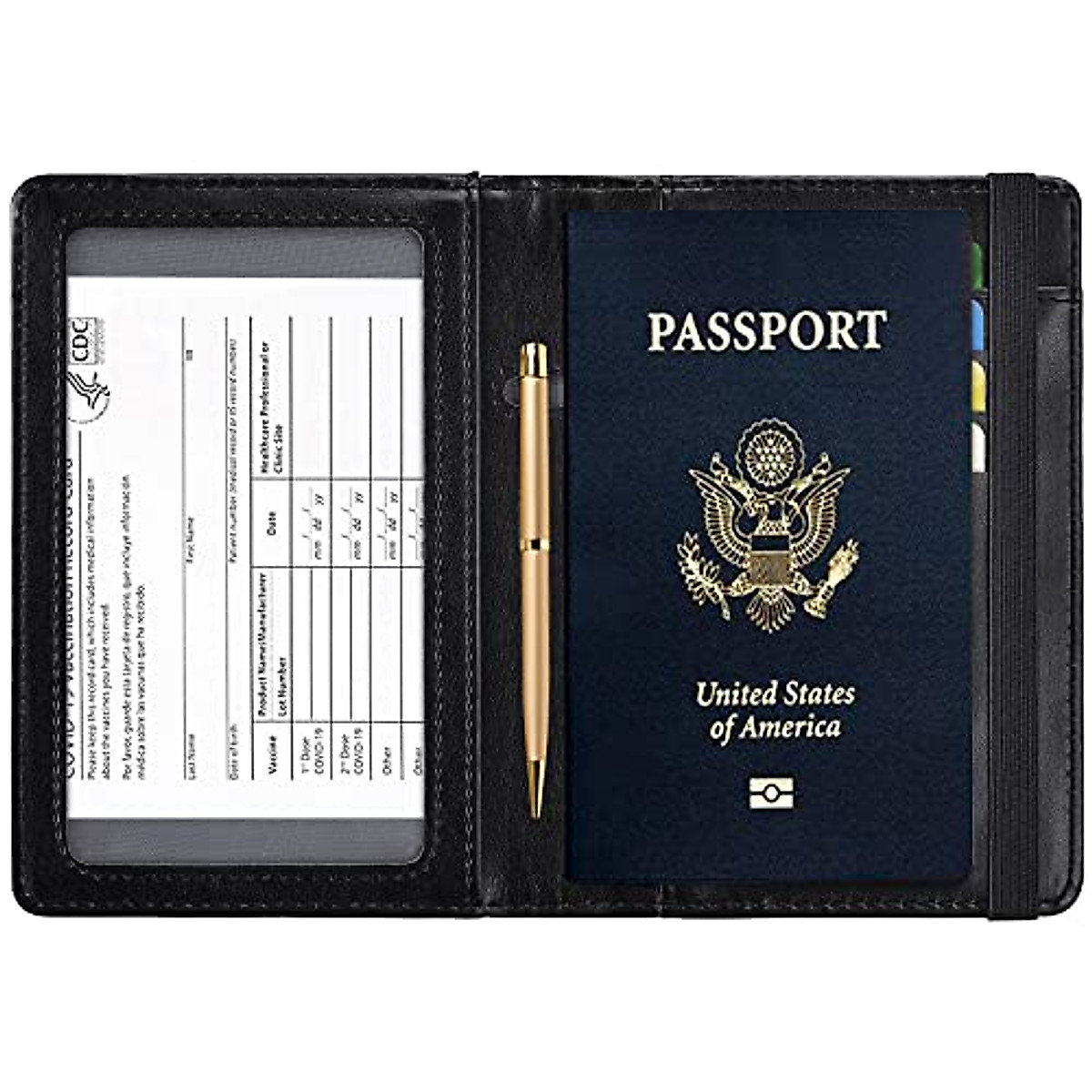 HerriaT Passport and Vaccine Card Holder Combo,Cover Case with CDC Vaccination Card Slot, Leather Travel Documents Organizer Protector, with RFID Blocking, for Women and Men