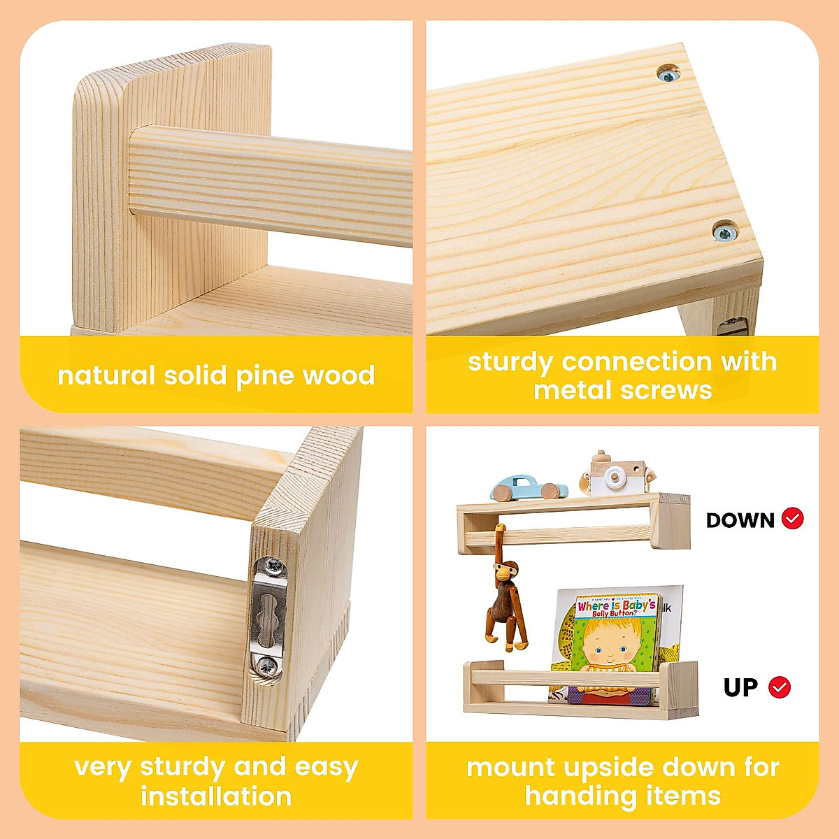 Fun Memories Nursery Book Shelves - Rustic Natural Solid Wood Floating Bookshelf for Kids - Wall Book Shelves for Kids Room (Natural, 16inch - 4P)