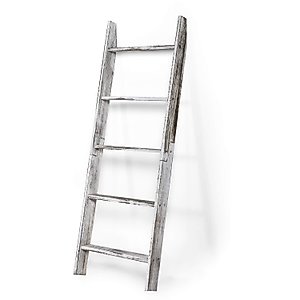 Afaris Gray Washed Wood Decorative Ladder Shelf, 4.5 Foot Wall Leaning Wooden Towel Blanket Ladder Storage Rack for Bathroom or Living Room