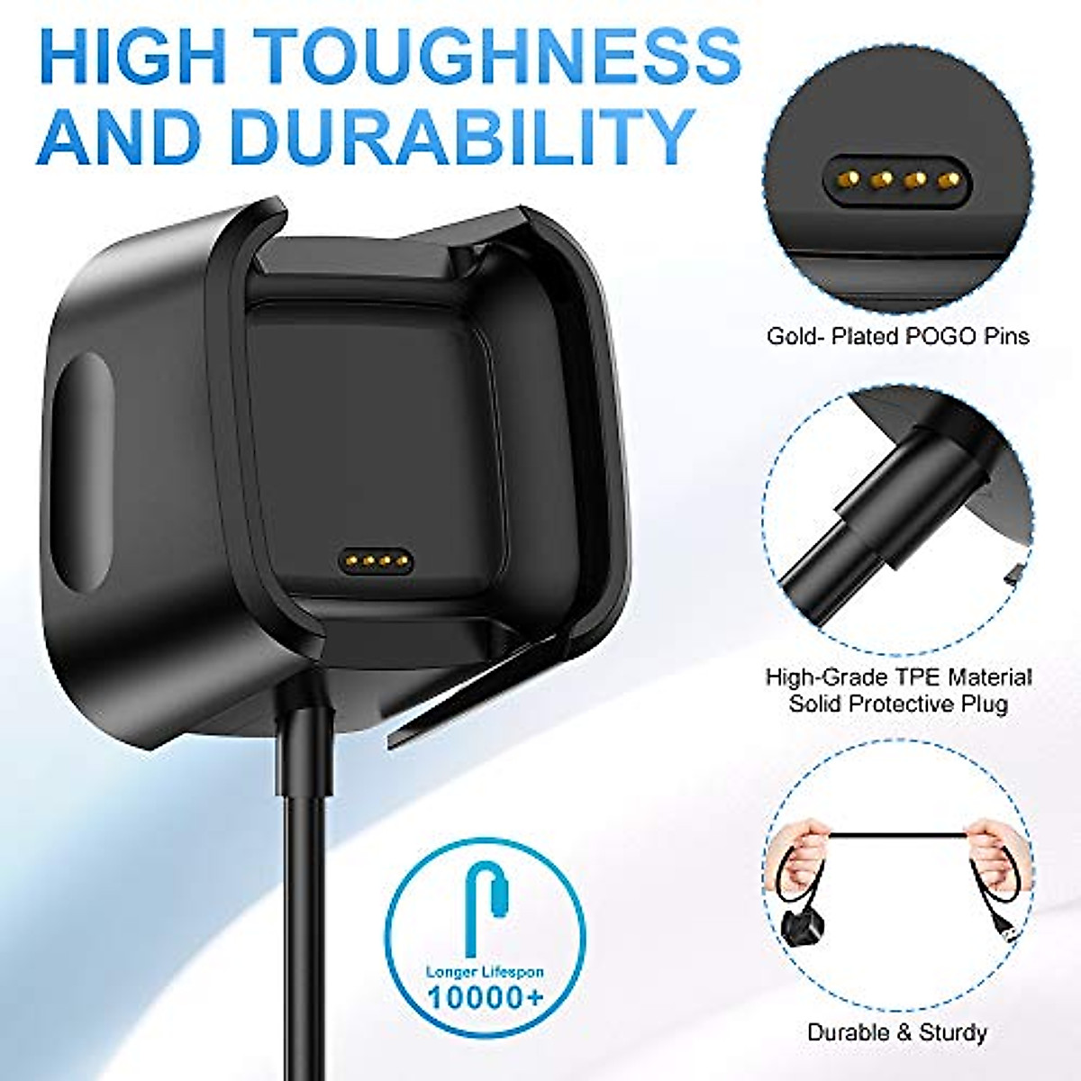 QIBOX Charger Compatible with Fitbit Versa 2 (Not for Versa/Versa Lite), 2-Pack Replacement USB Charging Cable Dock Stand for Versa 2 Health & Fitness Smartwatch, 3Ft Sturdy Power Cord