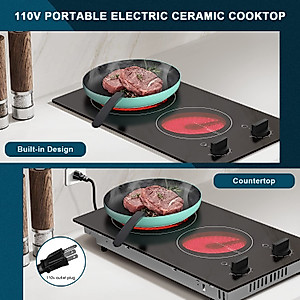 Karinear 110v Electric Cooktop 2 Burners, 12'' Electric Stove Top with Plug in, Knob Control Countertop & Built-in Ceramic Cooktop, 9 Heating Level, Hot Warning, Over-Temperature Protection