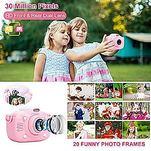 MINIBEAR Kids Camera for Girls 30MP Digital Camera for Kids Selfie Video Camera 2.4 Inch Screen Toddler Camera 3 4 5 6 7 8-10 12 Year Old Toddler Toys Camera Gifts for Girls Kids, 32GB TF Card, Pink