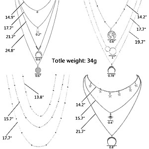 RINHOO FRIENDSHIP 4-6Pcs Multiple Layered Choker Necklace With Moon Star Coin Multi Layered Y Pendant Necklaces Set For Women (4PCS Multiple Silver Necklace)