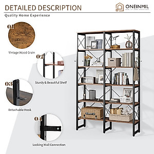 oneinmil Double Wide 6-Tier Bookcase, Industrial Bookshelf with Metal Frame, Open Large Book Shelf, Wood and Tall Display Shelves for Home and Office, Rustic Brown and Black