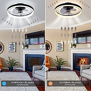 Sunny Hawaii Modern Ceiling Fans with Lights and Remote, 19.7in Dimmable LED 6 Speeds Reversible Blades Timing Indoor Low Profile Ceiling Fan Semi Flush Mount with Remote Control(black)