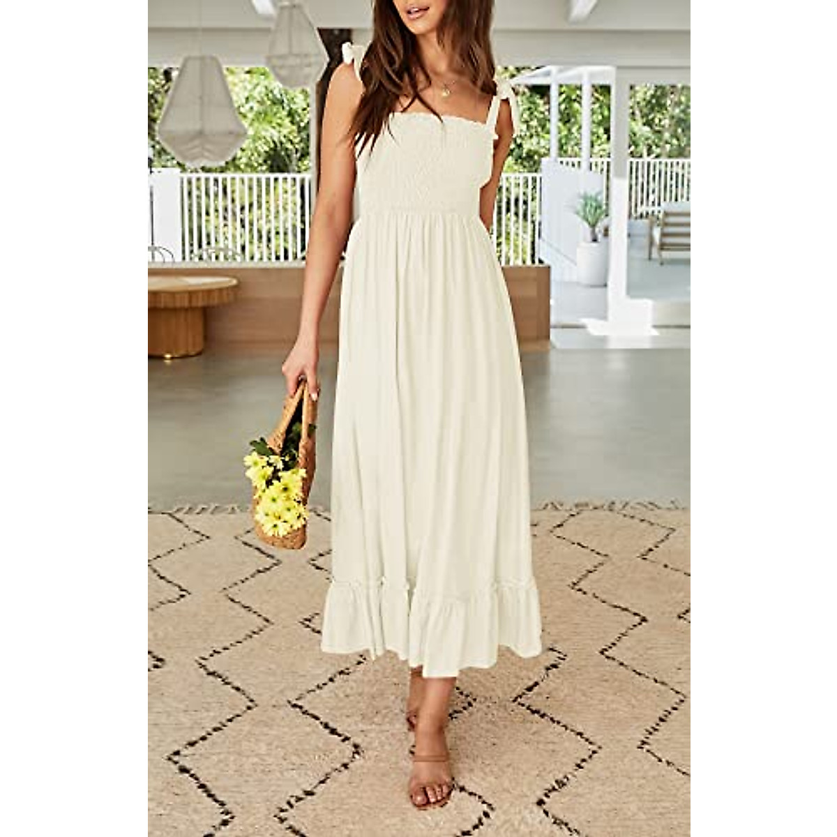 ZESICA Women's 2023 Summer Boho Spaghetti Strap Square Neck Solid Color Ruffle A Line Beach Long Maxi Dress,Apricot,Small