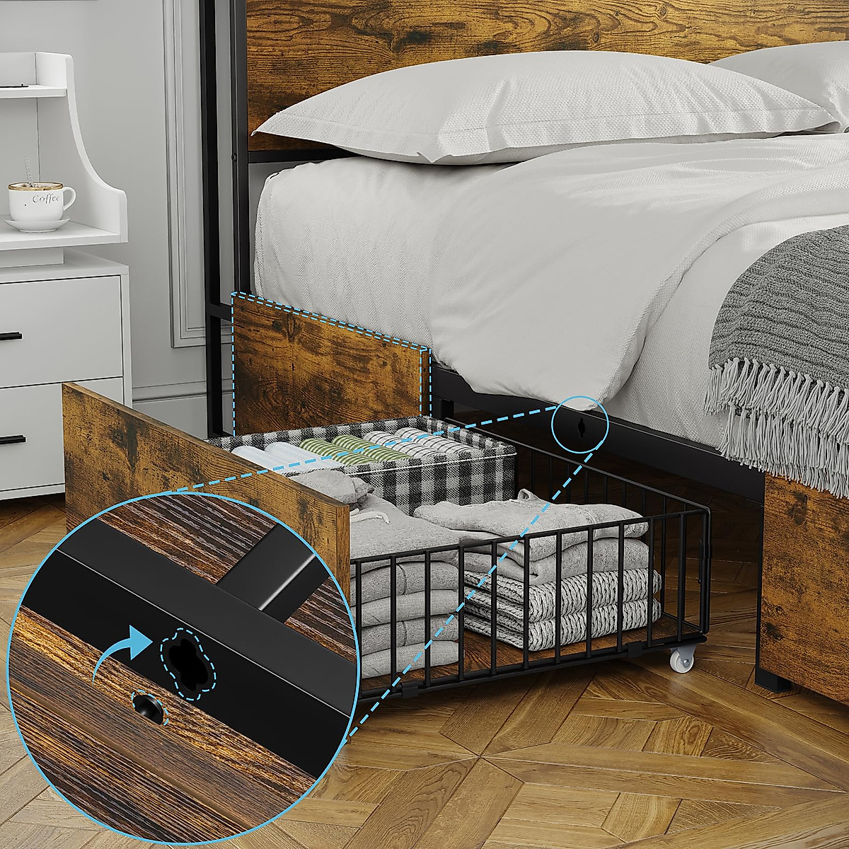 furomate Bed Frame Queen Size Metal Bed Frame with Storage Headboard and 4-Drawers, Platform Bed Frame with LED Light & Charging Station, No Box Spring Needed, Rustic Brown