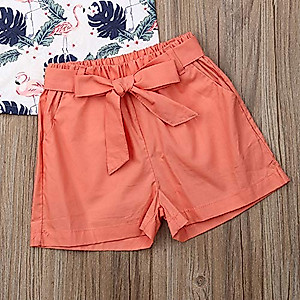 2Pcs/Set Fashion Toddler Kids Baby Girl Sleeveless T-Shirt Top+Floral Denim Shorts Outfits (Flamingo+Orange, 6-7 Years)