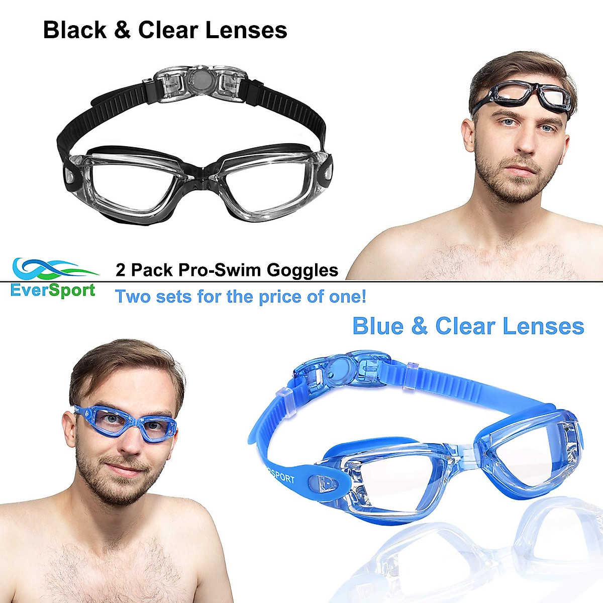 EverSport Swim Goggles, Swimming Glasses for Adult Men Women Youth Kids Child, Anti-Fog, UV Protection, Blue&Black