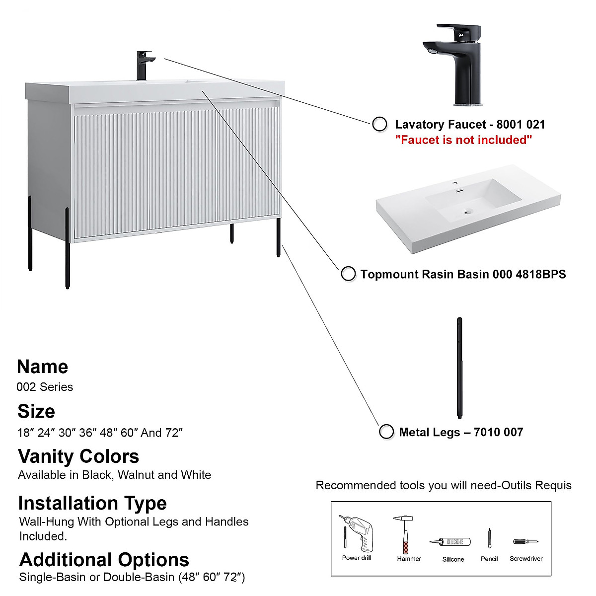 Dowell 48" Fluted Design Vanity Set – Modern Glossy White Bathroom Cabinet with Soft-Close Doors & Shelves, Single Resin Basin, and Black Legs | 002 48 21KD/4818BPS