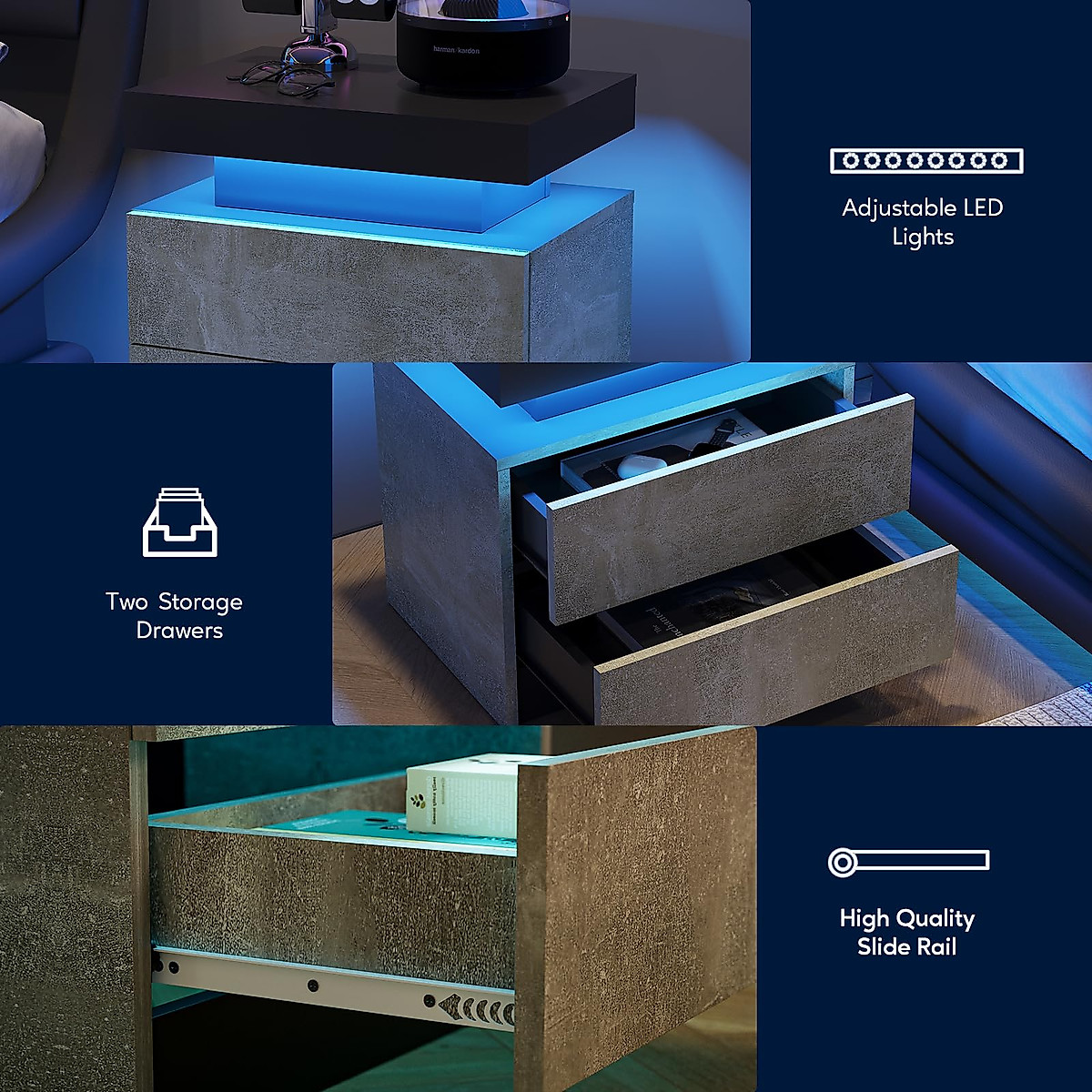 CIPACHO LED Nightstand with 2 Drawers, Modern Bedside Table, Night Stand End Table with LED Light Strips for Bedroom, Living Room, Office (Gray)