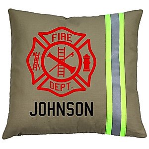 Fully Involved Stitching Firefighter Personalized Tan Maltese Cross Pillow