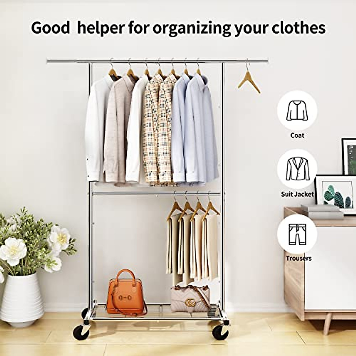 Ekisemio Standard Rolling Clothing Garment Rack, Rolling Clothes Organizer with Wheels and Bottom Shelves, Extendable, Chrome