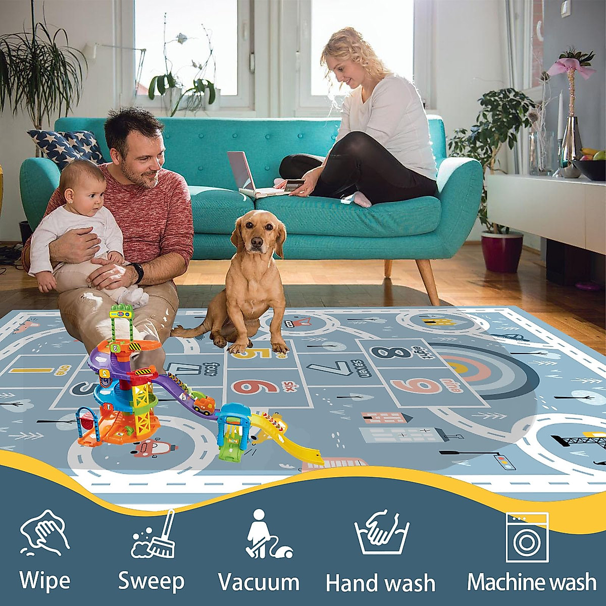 Hopscotch Rug, Hopscotch Mat for Kids Skipping and Jumping, Hop Count Cute Hopscotch Carpet with Non-Slip Backing，Suitable for Girls & Boys Bedroom, Playroom, Nursery(32×47inchs)