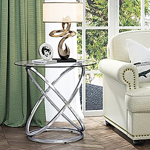 OIOG Glass Round End Table, Living Room Side Table for Small Space, Modern End Table with Tempered Glass Tabletop, Contemporary Side End Table, Chrome Finish