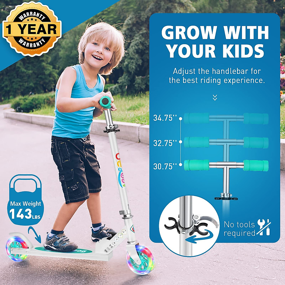 BELEEV V1 Scooters for Kids, 2 Wheel Folding Kick Scooter for Girls Boys, 3 Adjustable Height, Light Up Wheels, Lightweight Push Scooter with Kickstand for Children Ages 3-12 (Aqua)
