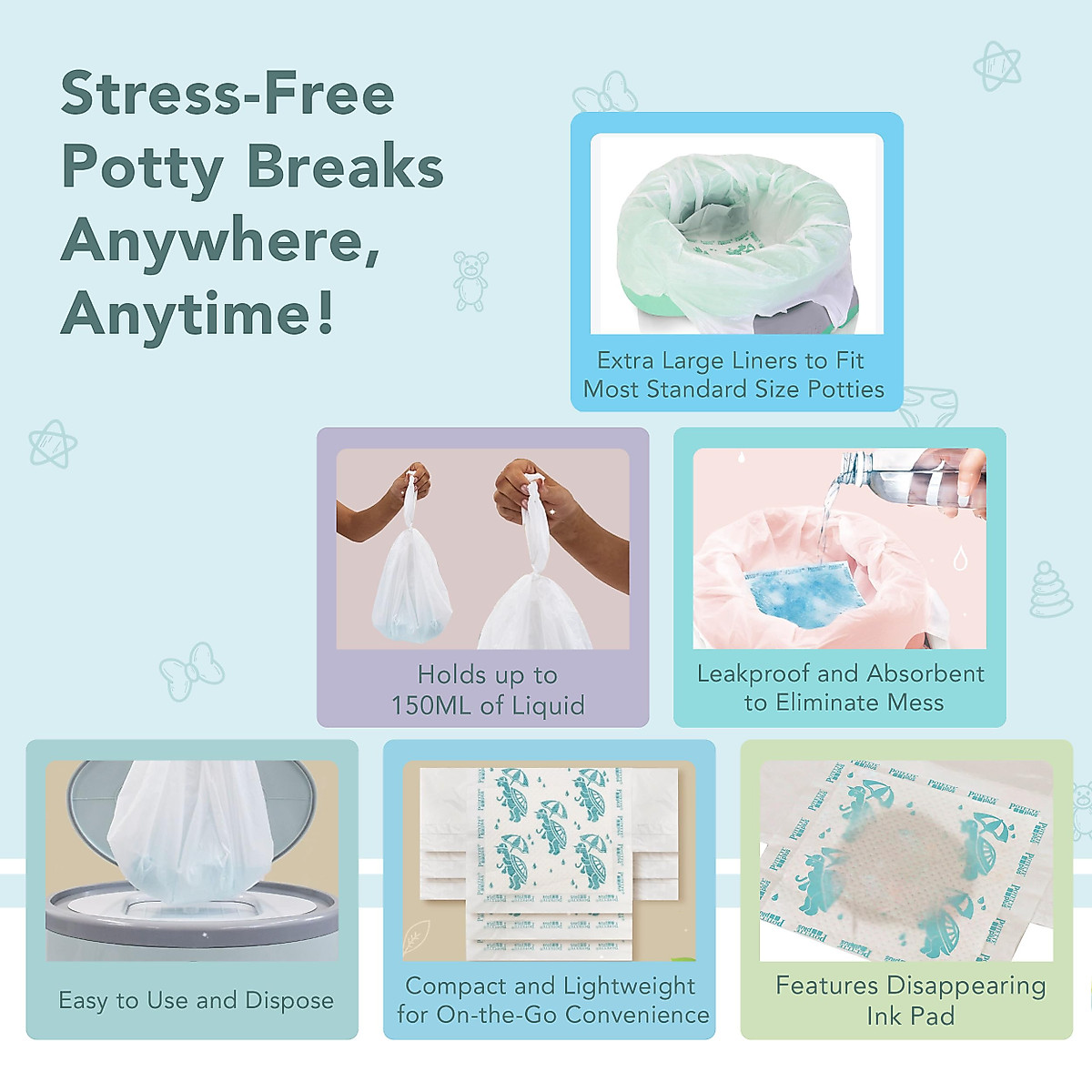 Kalencom Universal Potty Liners - Disposable Potty Liners for Toddlers - Absorbent and Leakproof - Compatible with Potette Travel Potty and Most Standard Toddler Potties - 36 Count