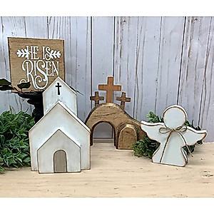 Jesus Tomb Easter Tray Bundle Kit, Wooden Easter Jesus Sign Tiered Tray Decorations, He is Risen Easter Tiered Tray Decor Farmhouse Rustic Tiered Tray Items, Easter Decor for Home Office (Set of 4)