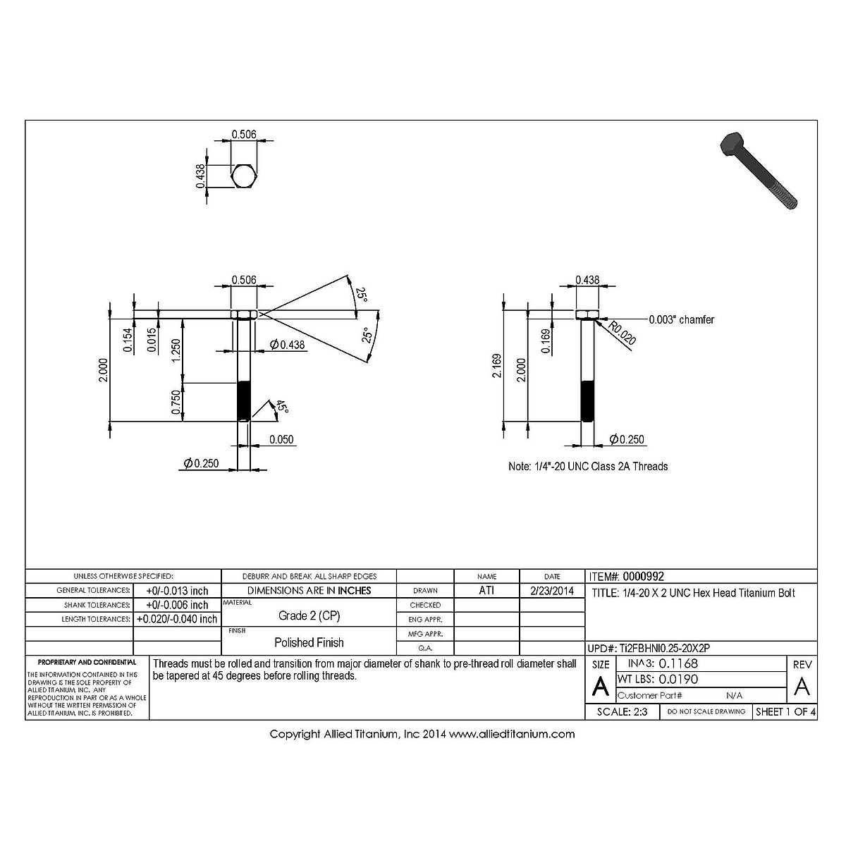 Allied Titanium 0000992, (Pack of 6) 1/4-20 X 2 UNC Titanium Hex Head Bolt, Grade 2 (CP)