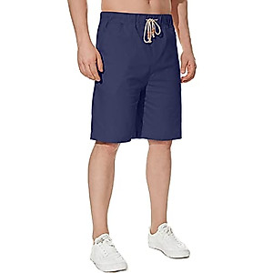 HORSSLE Men's Linen Shorts Casual Elastic Waist Drawstring Summer Beach Shorts Classic Fit Navy Blue