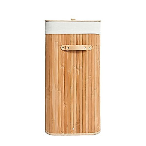 QUGANGKU Large Storage Laundry Basket with Cover, Wood Color Damp Proof Bamboo Double Folding Hamper Durable Portable Washing Bin with Liner and Handles