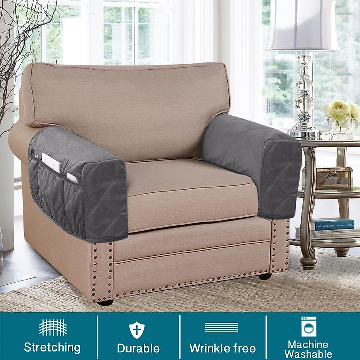 Turquoize Velvet Armrest Covers for Chairs and Sofas Couch Armrest Cover for Recliner with Side Pocket Non-Slip Arm Covers Protector for Dogs Washable Armrest Slipcovers Set of 2, Gray