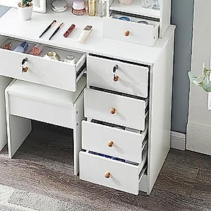Makeup Vanity with Lights,Vanity Desk Set with LED Lighted Mirror,Makeup Vanity Table with 5 Drawers and Stool,White Vanity Set for Girls Women