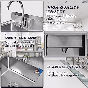 IOXGSGI Stainless Steel Commercial Sinks with Drainboards Faucet, Free Standing Sink 1 Compartment Large Utility Sink Garage Sink, Durable and Heavy-Duty, for Restaurant, Bar, Kitchens, Bathrooms