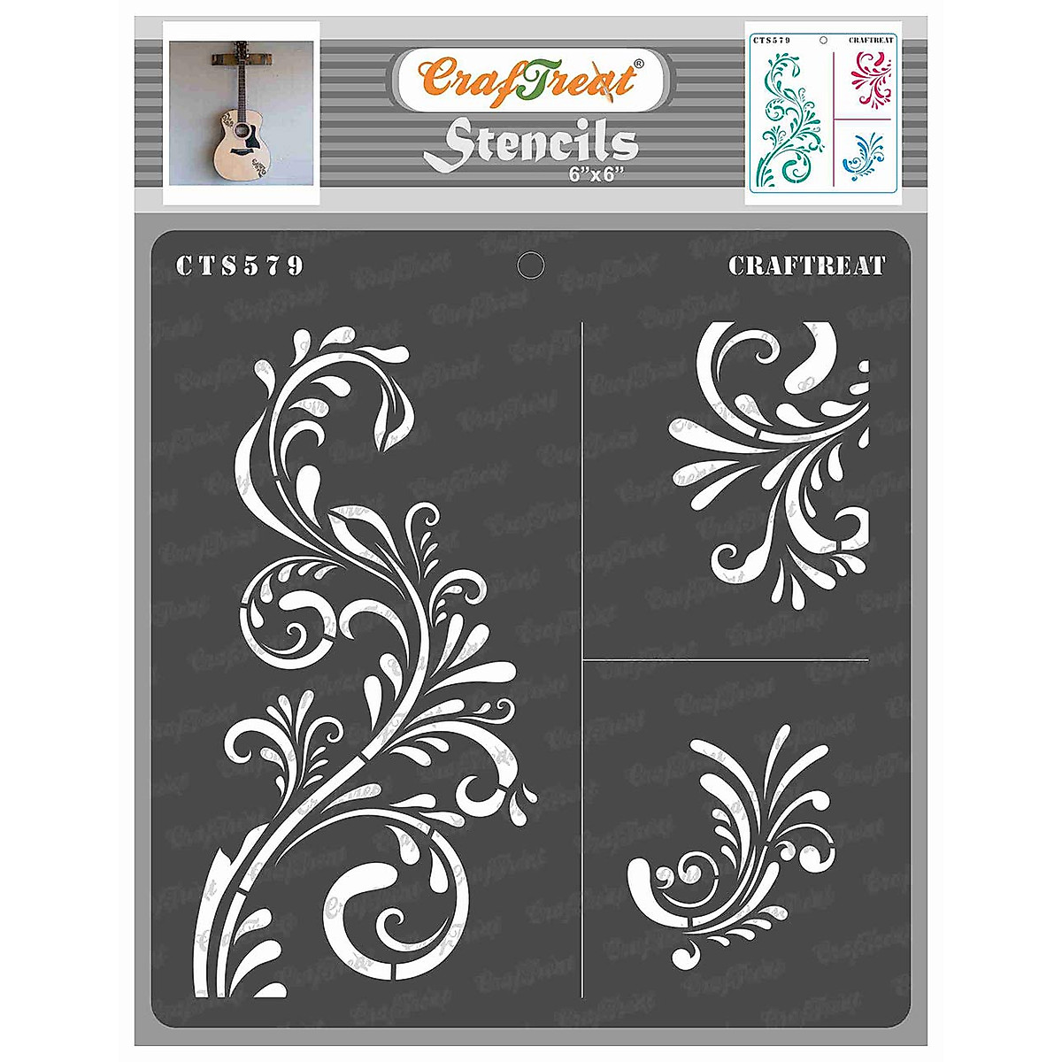 CrafTreat Floral Stencils for Painting on Wood, Canvas, Paper, Fabric, Floor, Wall and Tile - Fancy Flourish - 6x6 Inches - Reusable DIY Art and Craft Stencils for Painting Flowers - Flourish Stencil