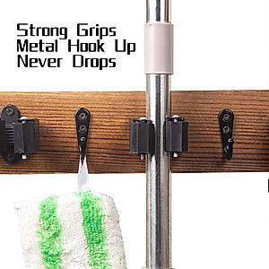 2 Pack Mop and Broom Holder Wall Mount Solid Wood Broom Rack Wall Mount 4 Positions 3 Hooks for Home, Kitchen, Garden, Tools, Garage Organizing, Cleaning Supplies Organizer Indoor Outdoor