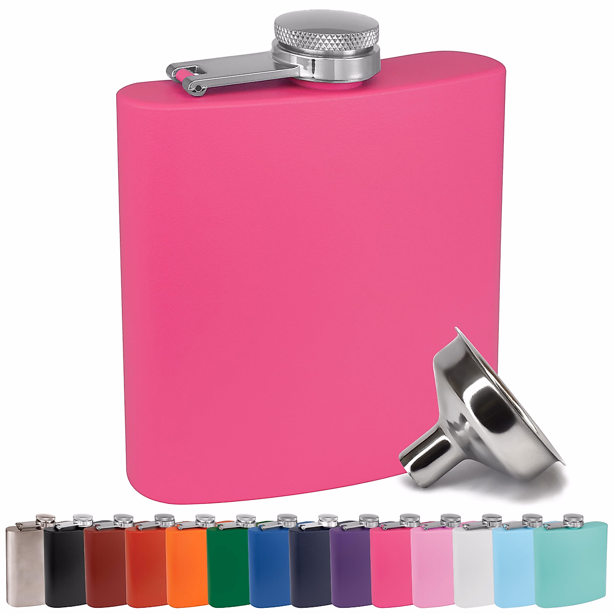 6 oz Stainless Steel Hip Flask with Funnel for Men & Women, Powder Coated Flask Gift Sets for Groomsmen, Bridesmaids, Wedding Party Whiskey Flask for Liquor, by Clear Water Home Goods, Matte Pink