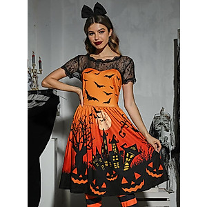 Spadehill Women Halloween Swing Party Costume Vintage Lace Sleeves Pumpkin Bat Witch Dress Pumpkin Castle Orange S