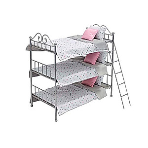 Badger Basket Toy Scrollwork Metal Triple Doll Bunk Bed with Ladder and Bedding for 18 inch Dolls - Silver/Pink