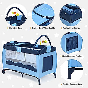 Giantex Nursery Center Playyard Baby Crib Set Portable Nest Bassinet Bed Infant Kids Travel Playpen Pack Deluxe Double-Layer Beds Pocket Diapter Changer Toy Cribs Nursery Centers w/Bag & Caster, Blue