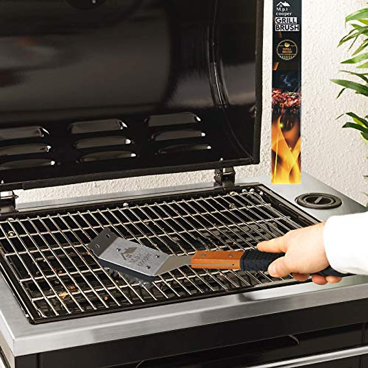 M.P.I cooper Grill Cleaning Brush and Scraper, Best BBQ Wire Bristles Brush for Grill Cleaning, Long Wooden Rubber Handle for Comfortable Safe and Strong Grip with Bottle Opener Tool