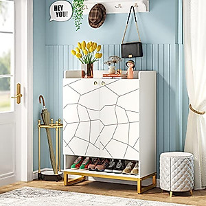 LITTLE TREE White and Gold 5-Tier Shoe Cabinet with Storage, 2-Door Shoes Organizer Cabinets for Entryway