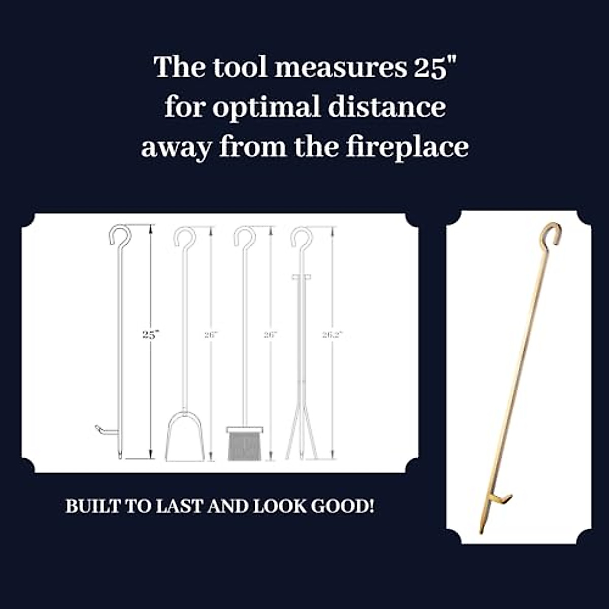 25" Brass Plated Iron Fireplace & Pit Poker, Fireplace Tool Accessory, Chimney Poker Indoor & Outdoor for Camping, Rust Resistant Finish with a Golden Touch, Fireplace Brush