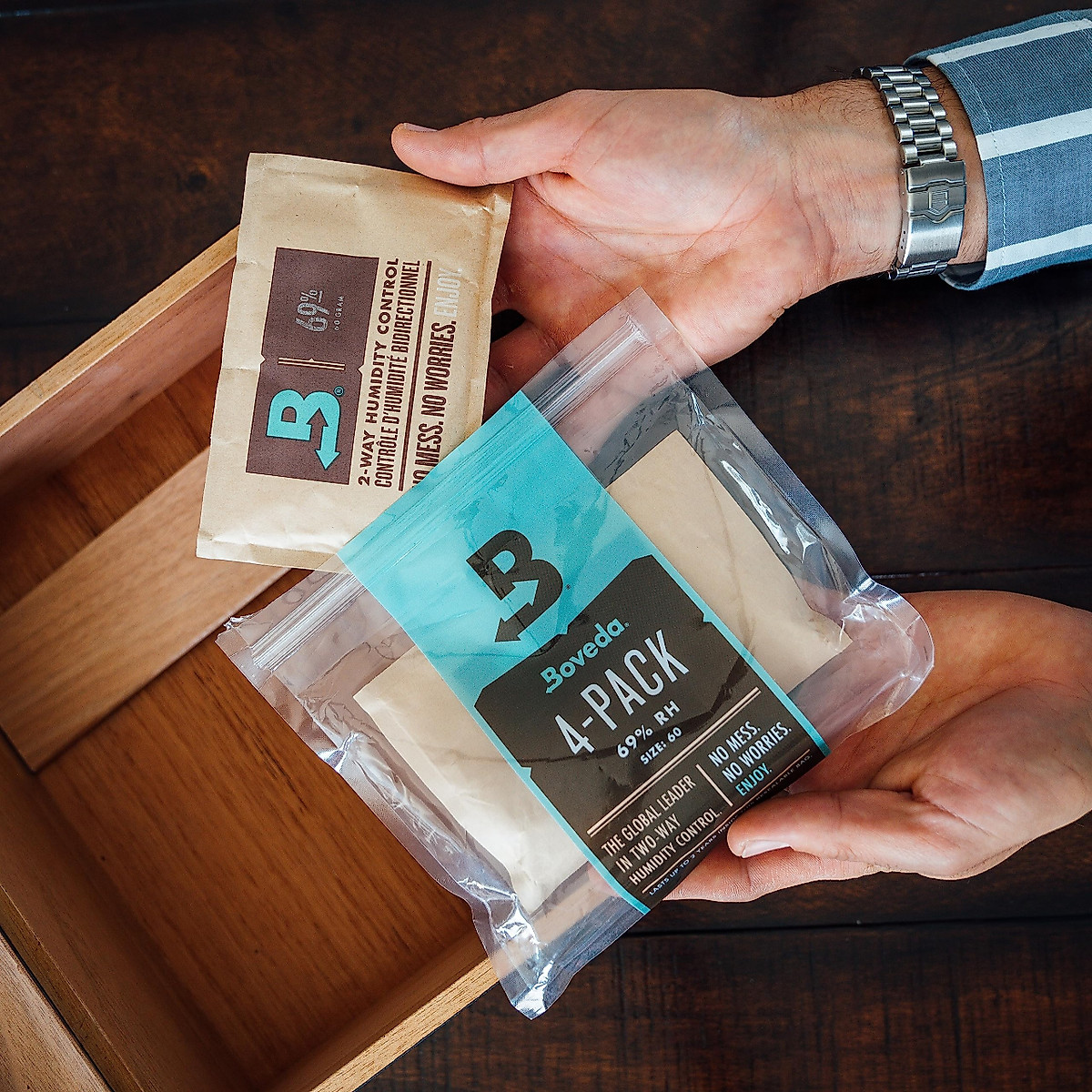 Boveda 69% Two-Way Humidity Control Packs For Plastic and Wood Containers Size 60 – 4 Pack – Moisture Absorbers – Humidifier Packs – Hydration Packets in Resealable Bag