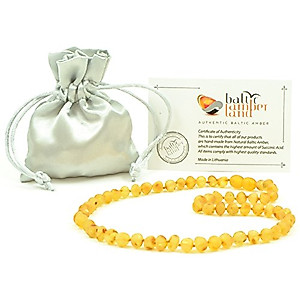Raw Amber Necklace for Adults - Lemon Color - 17.7 Inches - Baltic Amber Land - Hand-made From Unpolished / Certified Baltic Amber Beads - Knotted - Screw Clasp (Lemon)